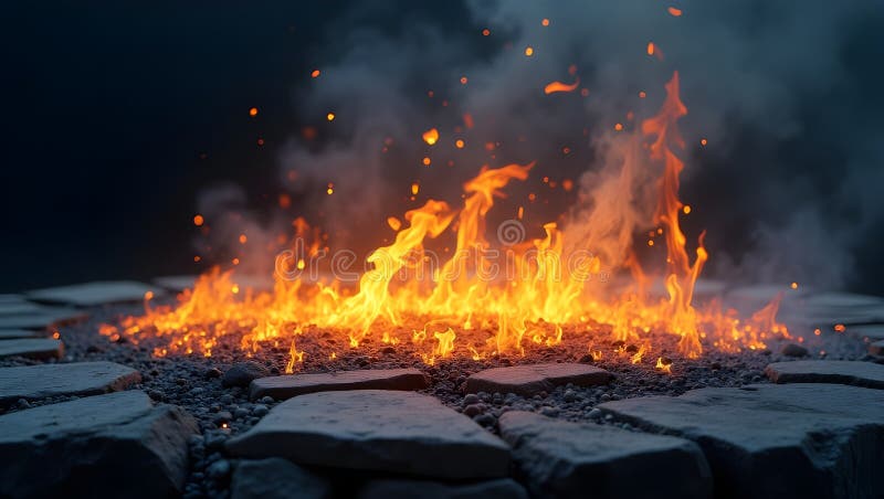 A Fire Spreading Across a Stone Surface with Cracks and Glowing Embers ...