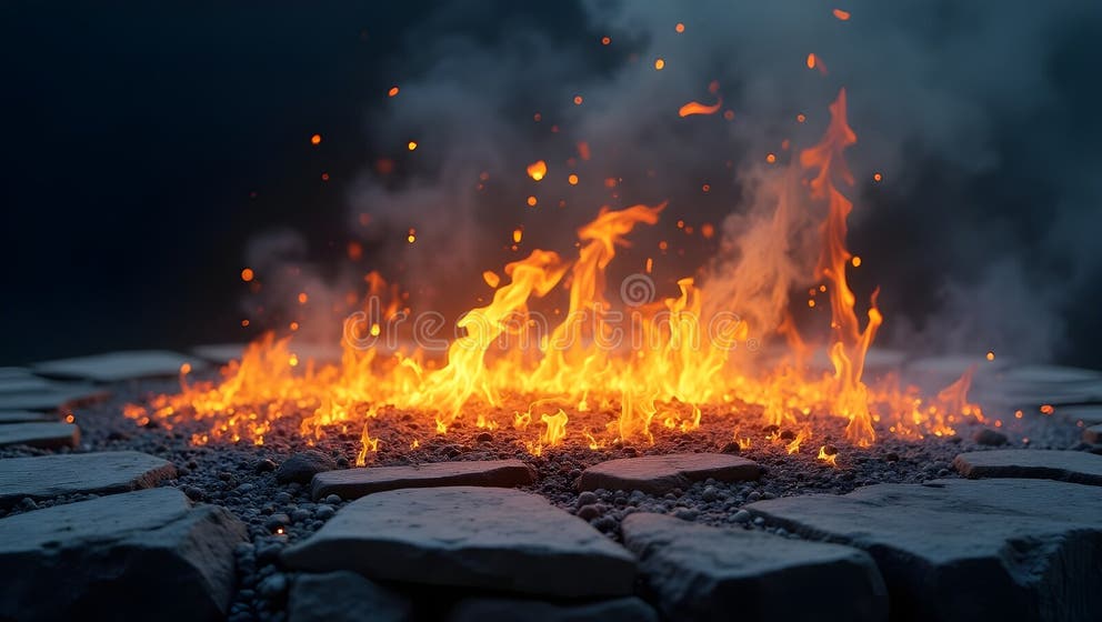A Fire Spreading Across a Stone Surface with Cracks and Glowing Embers ...