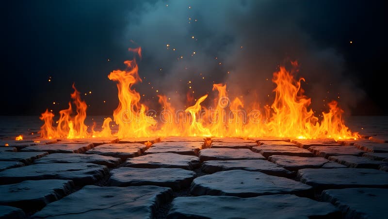 A Fire Spreading Across a Stone Surface with Cracks and Glowing Embers ...