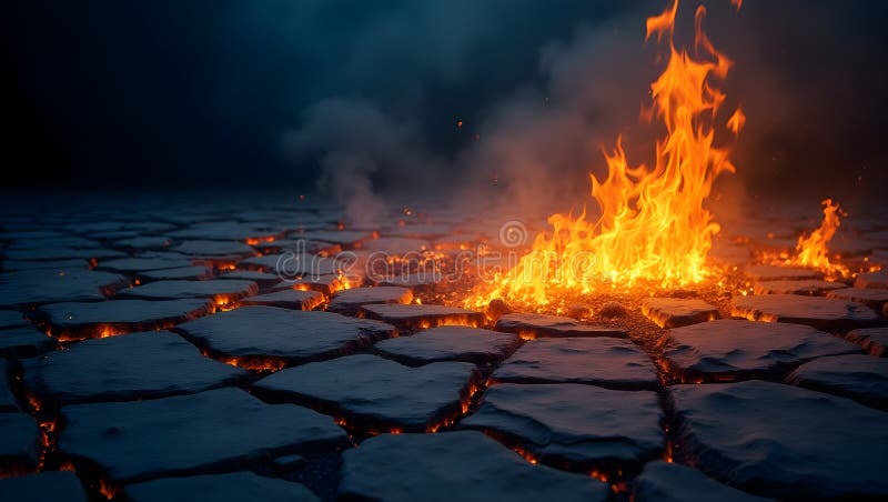 A Fire Spreading Across a Stone Surface with Cracks and Glowing Embers ...