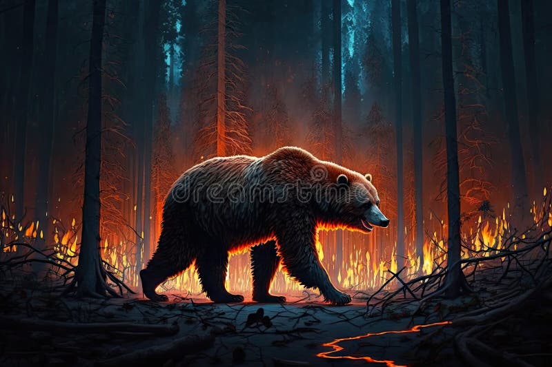Fire is Spreading through the Forest, while Bear Runs Away from Flames ...