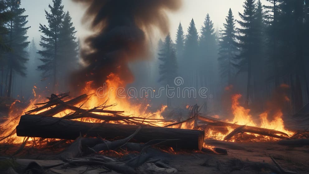 Fire in a Spruce Forest with Fallen Dry Trees Caused by People Stock ...