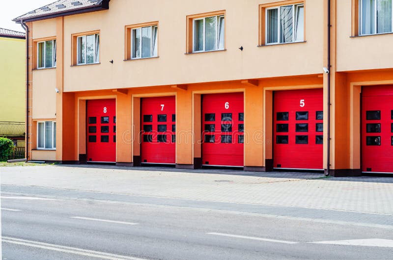 Fire Station Building, Red Gate for Fire Trucks Stock Image - Image of ...
