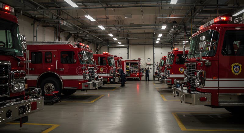 Fire Station Garage: Row of Red Firetrucks Ready for Action Stock ...