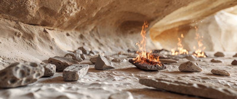 Fire and Stone Tools in Prehistoric Caves. Stock Image - Image of tools ...