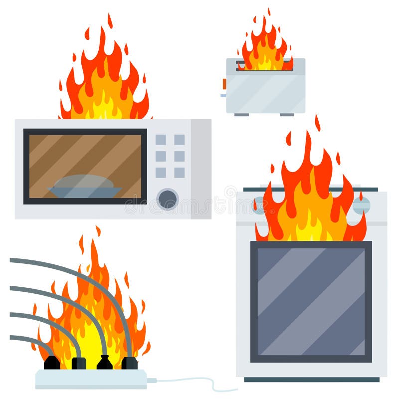 Fire on the Stove. Burning Microwave, Toaster, Wire with Cable and ...