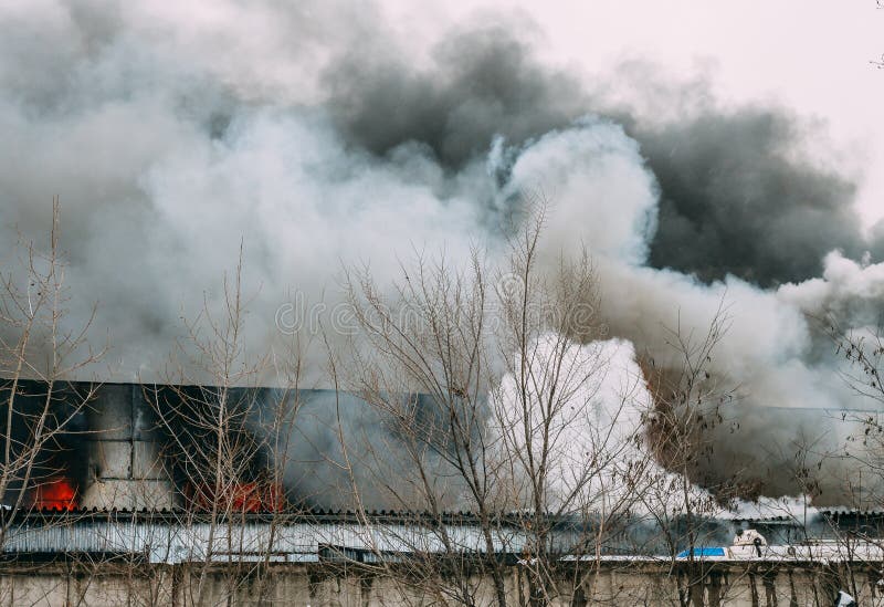 Fire and Strong Smoke in Burning Industrial Building, Danger Accident ...