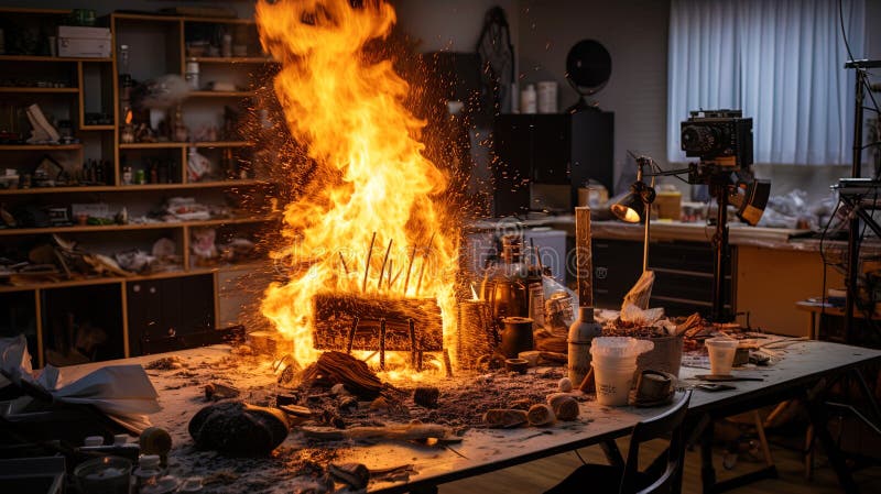 Fire in the Studio Where the Camera on the Table is on Stock ...