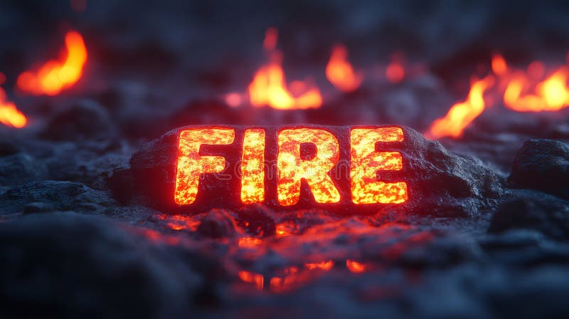 Fire Text Burning in Volcanic Landscape at Night Stock Illustration ...