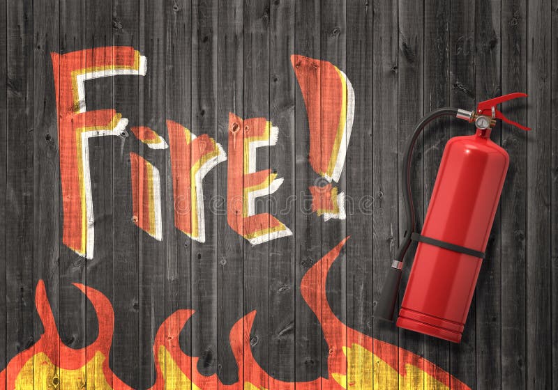 Fire Text with Extinguisher on Wooden Backdrop Stock Illustration ...