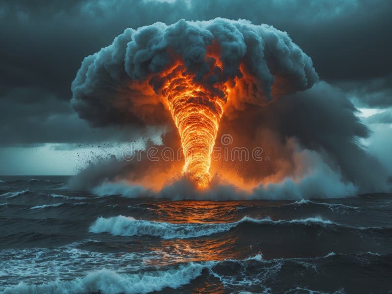 Fire Tornado Emerging from Ocean during Storm with Stock Photo - Image ...