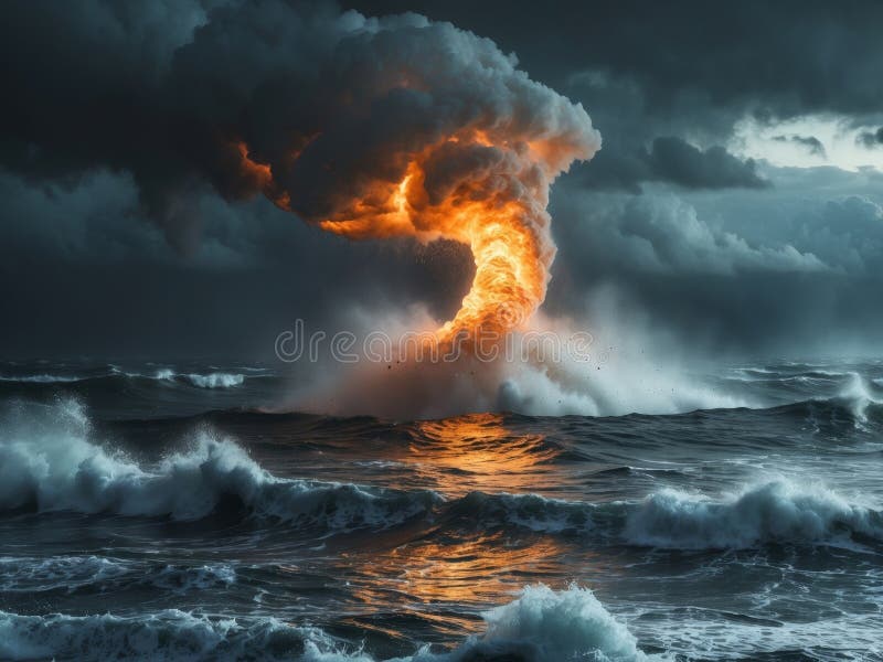 Fire Tornado Emerging from Ocean during Storm with. Stock Photo - Image ...