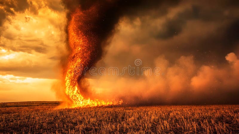 Fire Tornado Swirling Over an Open Field with Sparks and Ash in the ...