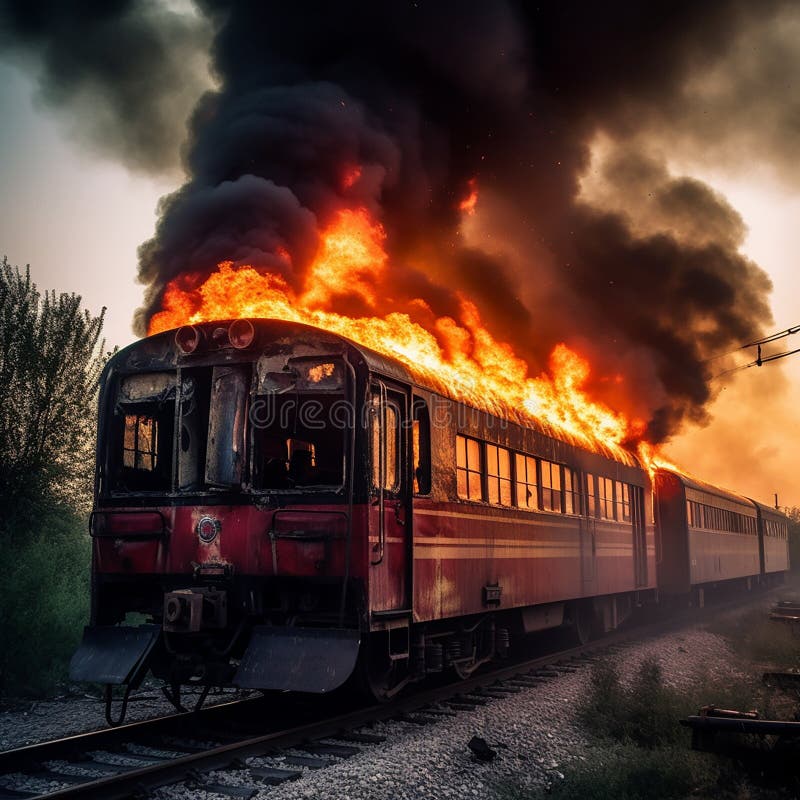 Fire on a Train, a Train Carriage is Burning, a Huge Flame, Disaster ...
