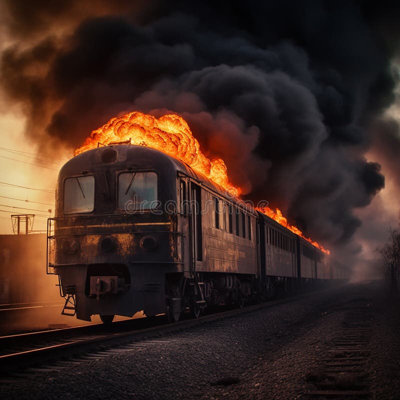 Fire on a Train, a Train Carriage is Burning, a Huge Flame, Disaster ...