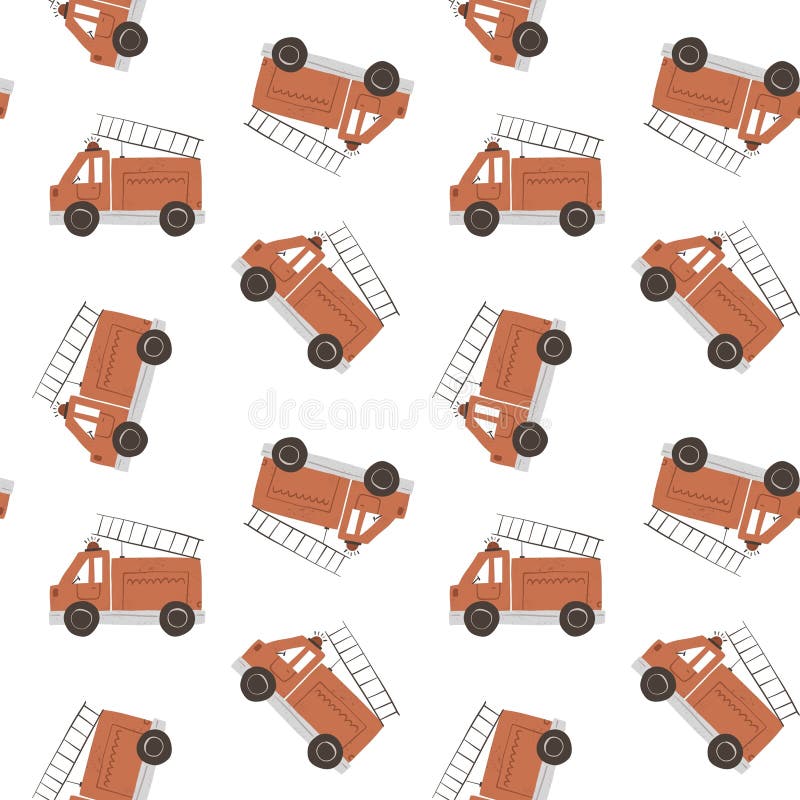 Seamless Pattern with Cartoon Fire Engines. Colorful Illustration Flat ...
