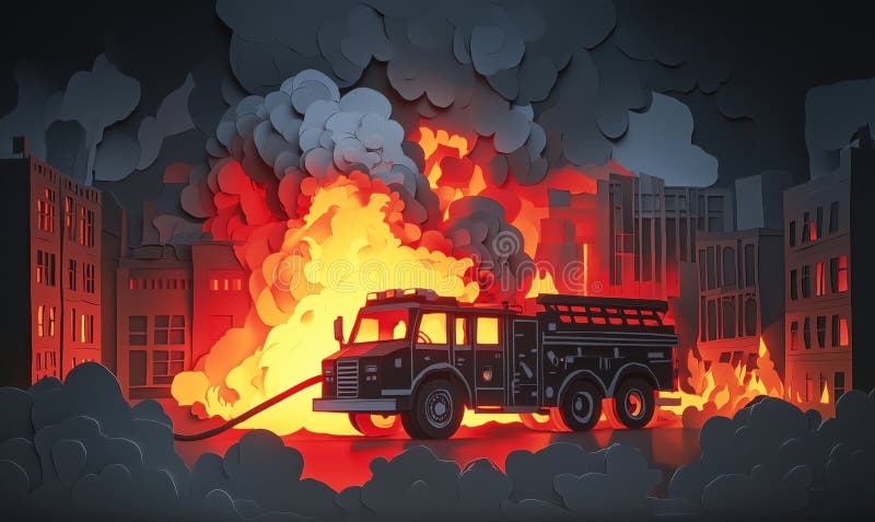 Fire Truck Battling Massive Flames in a Dramatic Paper Art Scene Stock ...