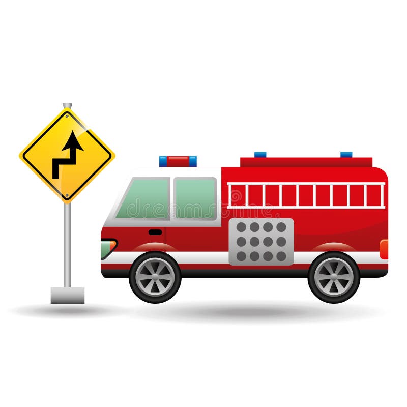 Fire Truck with Curve Road Sign Stock Vector - Illustration of design ...