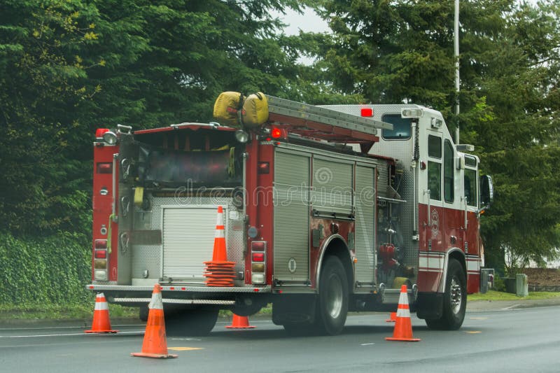 Fire Truck Driving through Construction Zone Stock Image - Image of ...