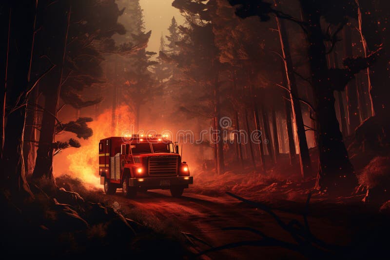 A Fire Truck Driving through a Forest Filled with Trees. Firefighters ...