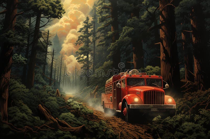 A Fire Truck Driving through a Forest Filled with Trees. Firefighters ...