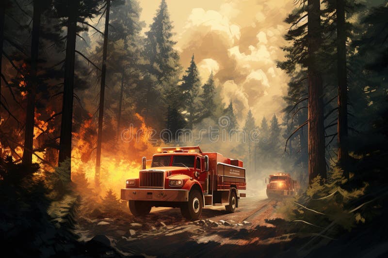 A Fire Truck Driving through a Forest Filled with Trees. Firefighters ...