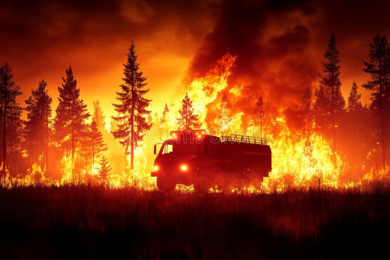 Fire Truck Driving Toward Wildfire. Generative AI. Stock Illustration ...