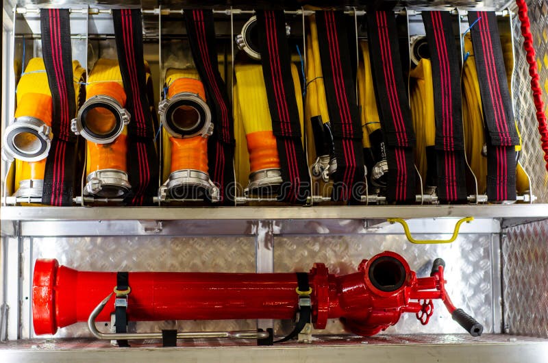 Fire Truck Equipment. Fire Truck Hose Stock Image - Image of helmet ...