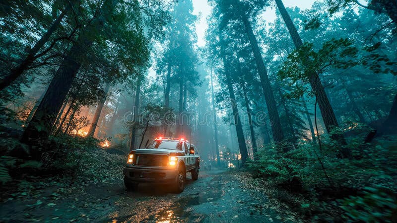 Fire Truck Navigating a Misty Forest Road during Emergency Response ...