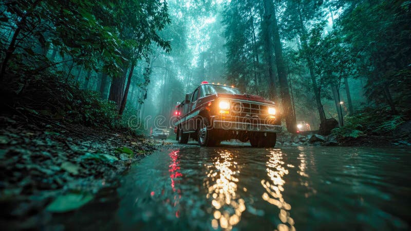 Fire Truck Navigating a Misty Forest Road during Emergency Response ...