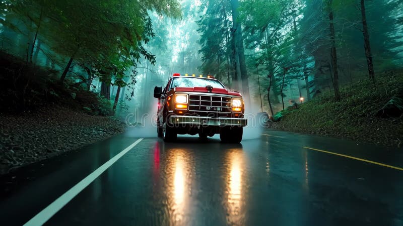 Fire Truck Navigating a Misty Forest Road during Emergency Response ...