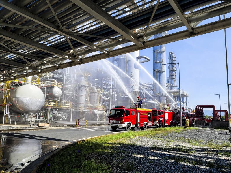 Firefighter Fire Truck Ladder Spraying Water Building Street Stock ...