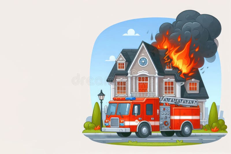 A Fire Truck Standing Near a Burning House. Space for Text. Stock Image ...