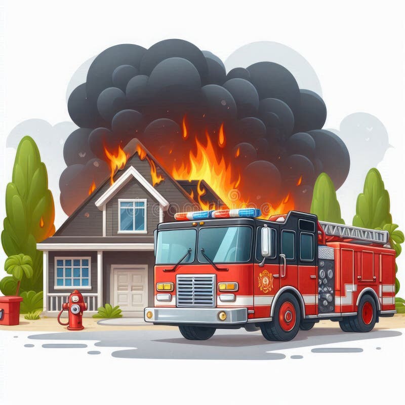 A Fire Truck Standing Near a Burning Private House. Stock Illustration ...
