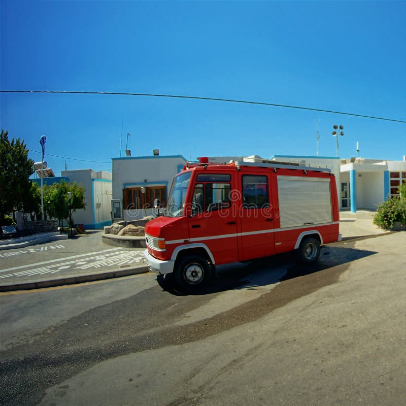 Fire truck stands stock image. Image of blue, water, stream - 73379557