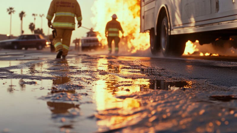Fire Truck Wheel with Active Fire Scene in Background Stock ...