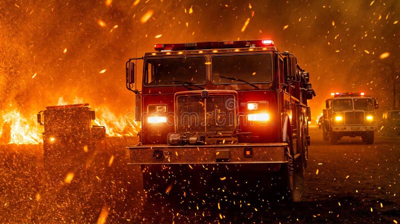 Fire Trucks Intervening during Wildfire with Burning Embers Falling ...