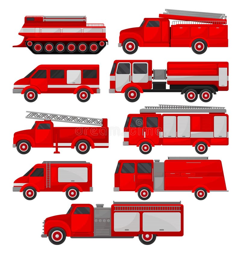 Fire Trucks Set, Emergency Vehicles, Side View Vector Illustrations on ...