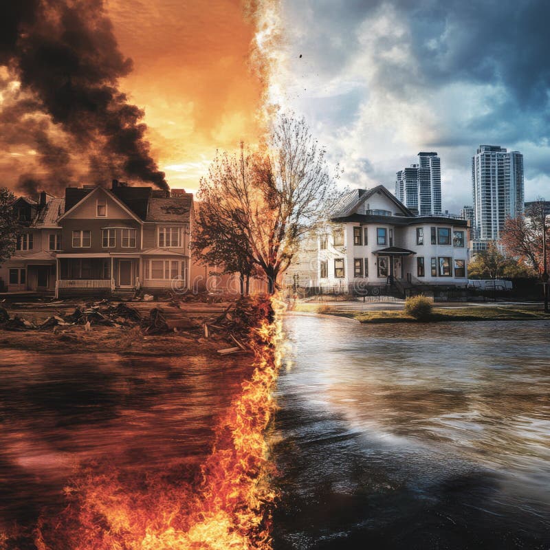 Fire Vs. Flood: a Divided City Stock Illustration - Illustration of ...