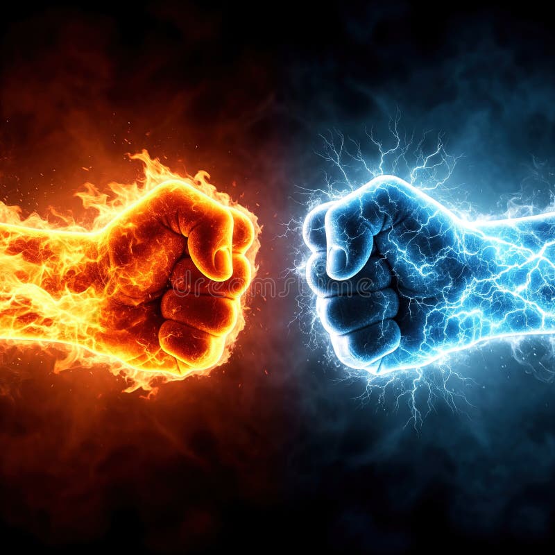Fire Vs Ice Fists Collide Symbolizing Stock Image - Image of logo ...