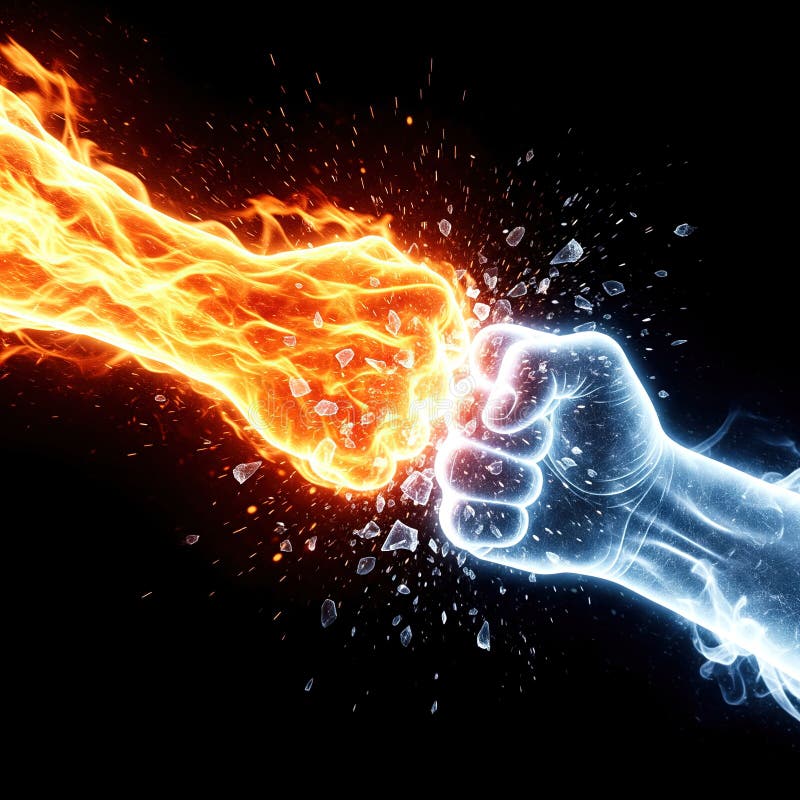 Fire Vs Ice Fists Collide Symbolizing Stock Photo - Image of visual ...