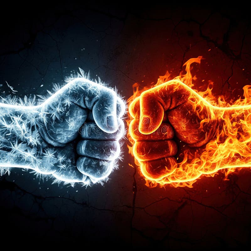 Fire Vs Ice Fists Collide Symbolizing Stock Image - Image of number ...