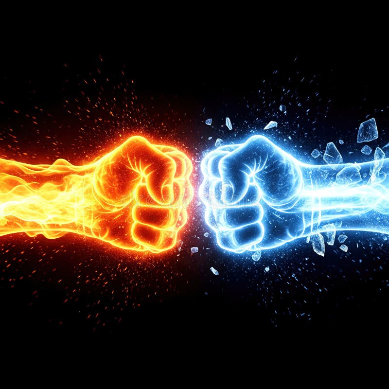 Fire Vs Ice Fists Collide Symbolizing Stock Photo - Image of ...