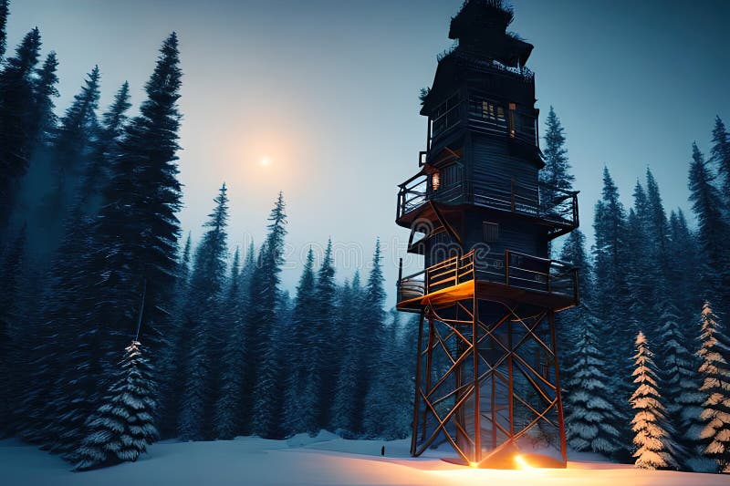 A Fire Watch Tower in the Middle of the Forest with Snow Stock ...