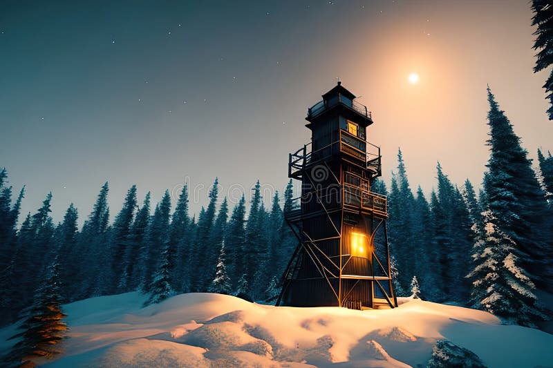 A Fire Watch Tower in the Middle of the Forest with Snow Stock ...