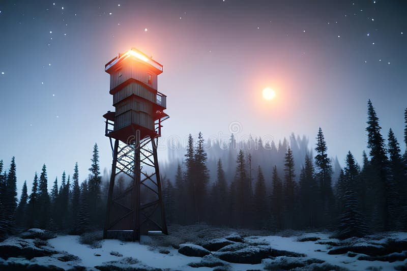 A Fire Watch Tower in the Middle of the Forest with Snow Stock ...
