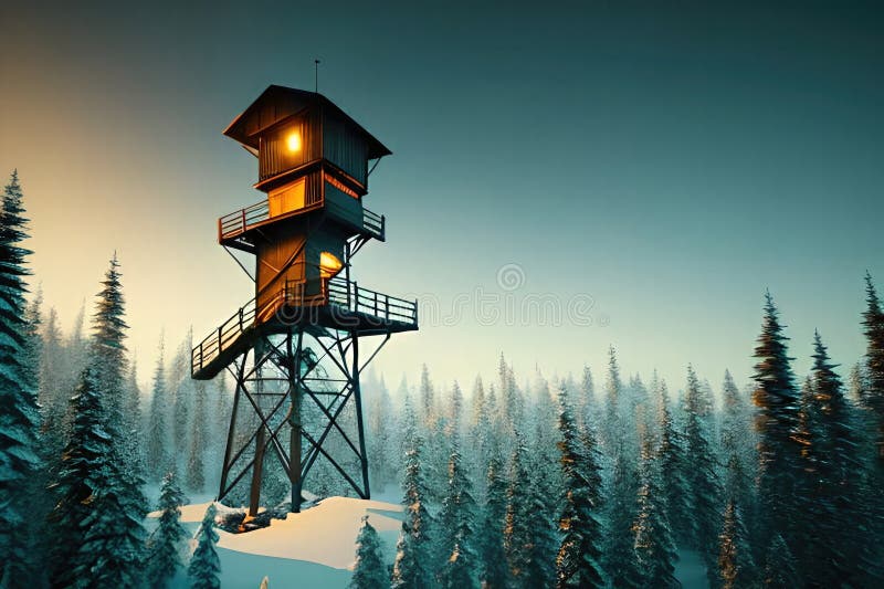 A Fire Watch Tower in the Middle of the Forest with Snow Stock ...