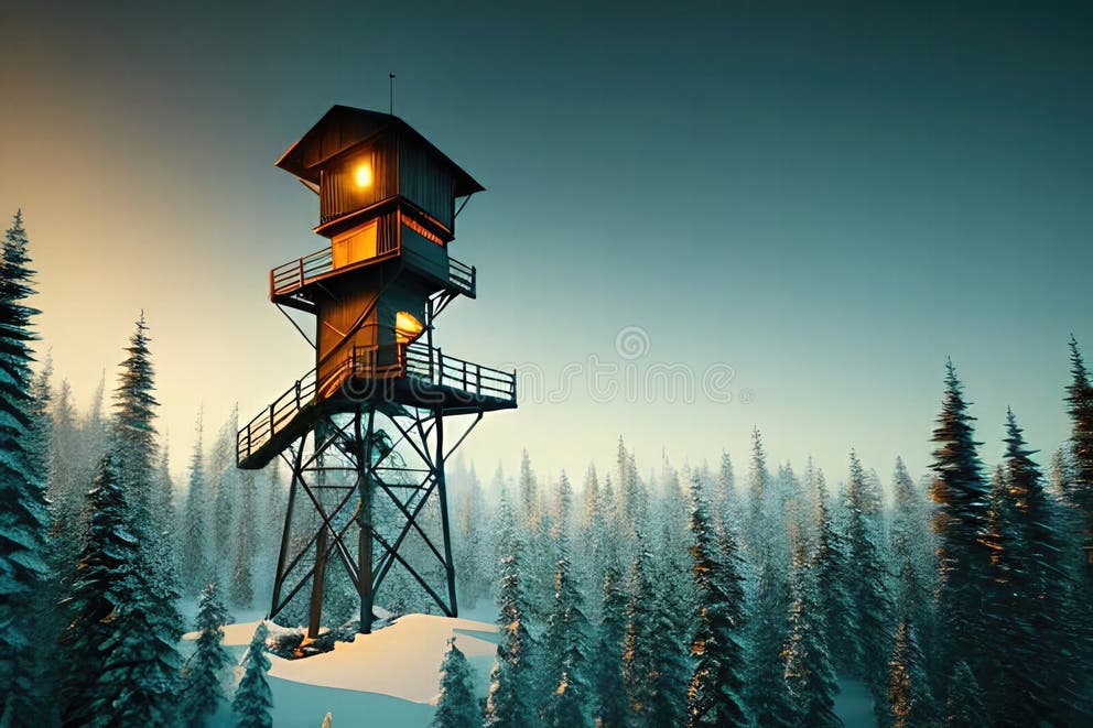 A Fire Watch Tower in the Middle of the Forest with Snow Stock ...