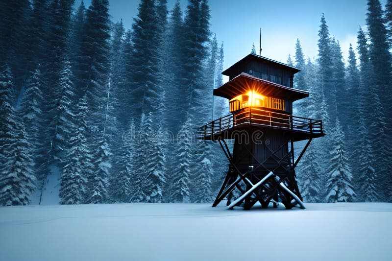 A Fire Watch Tower in the Middle of the Forest with Snow Stock ...