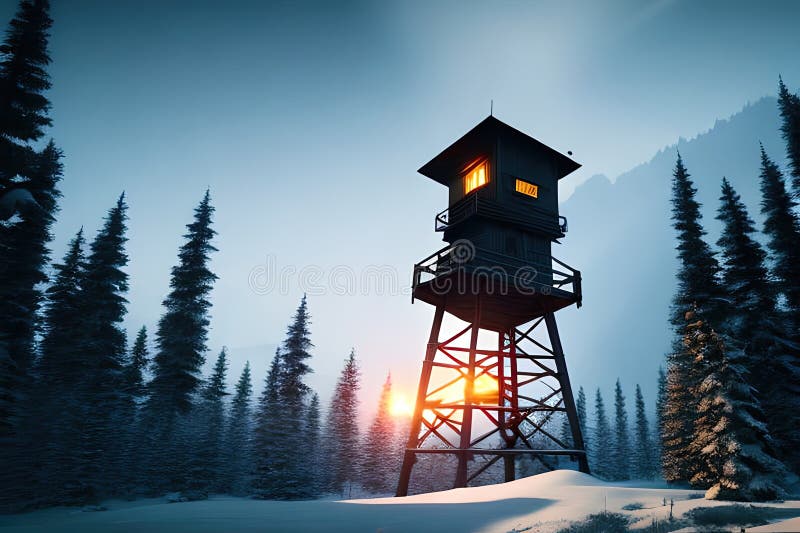 A Fire Watch Tower in the Middle of the Forest with Snow Stock ...
